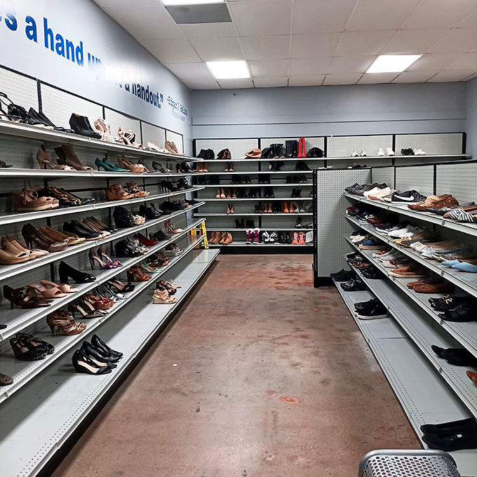 Shoe heaven exists! Rows of footwear in surprisingly good condition await new owners and new adventures.