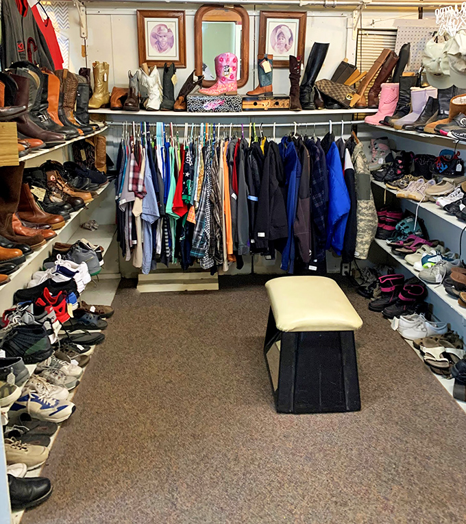 The vintage clothing section: where fashion cycles prove everything old becomes new again. Those boots have probably seen better concerts than you have!