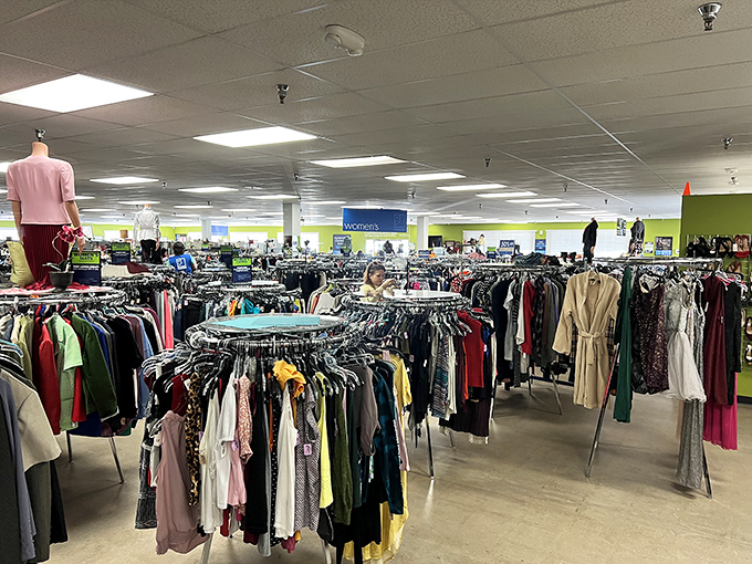 The women's clothing section&mdash;where vintage blazers and contemporary pieces create a fashion time machine that spans decades of style evolution.