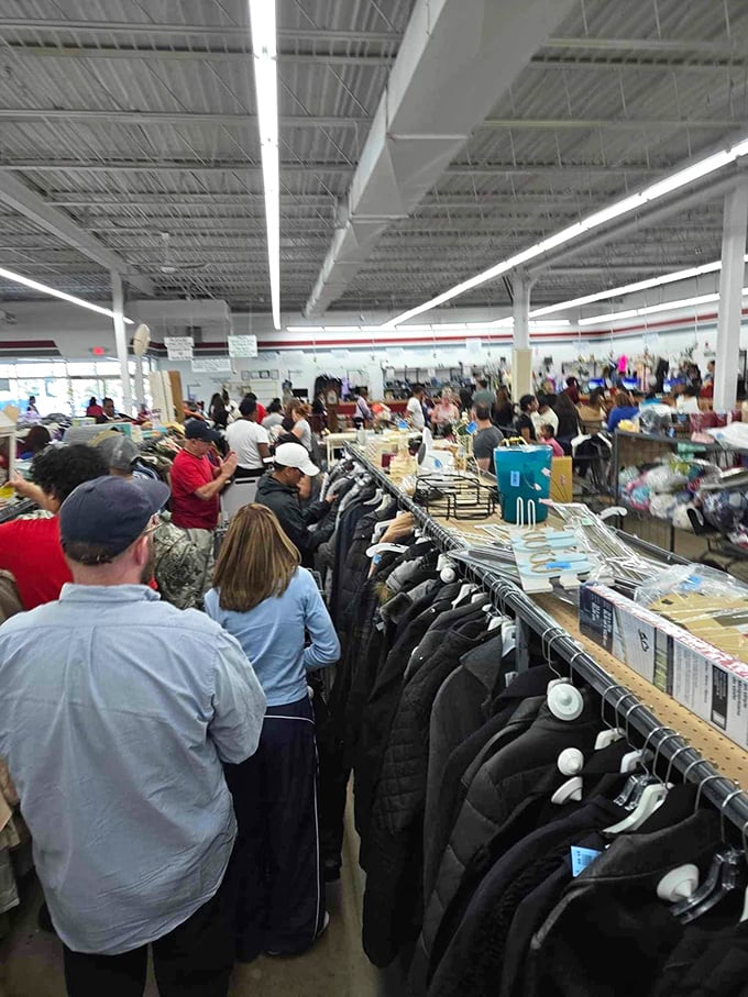The thrill of the hunt is palpable as shoppers navigate the clothing aisles. It's like an archaeological dig, but with better fashion finds.