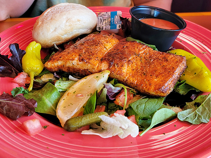 The smoked salmon salad arrives like edible artwork on a crimson plate—perfectly seared fish resting on a bed of greens that actually deserve to be eaten.