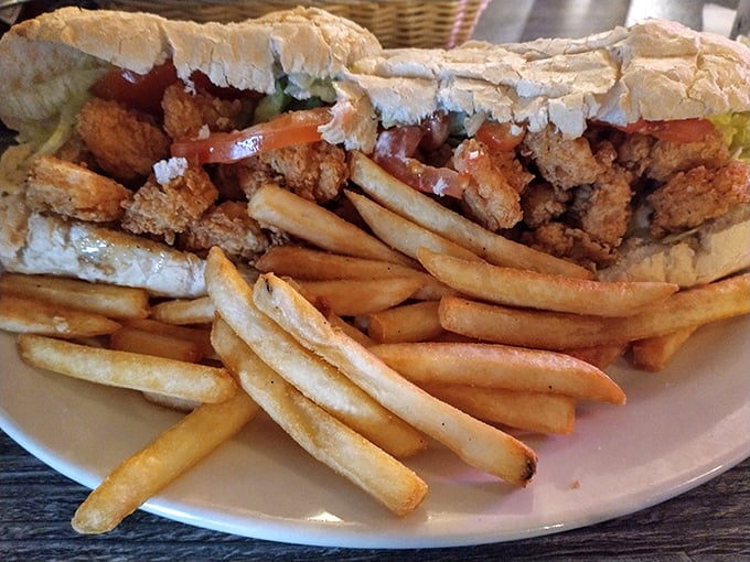The po'boy &ndash; Louisiana's contribution to sandwich immortality. This golden-fried shrimp version is what French bread dreams of becoming when it grows up.