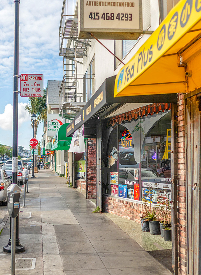Sidewalk strolling in Portola means actual elbow room—a concept foreign to city dwellers used to human tetris on the pavement.