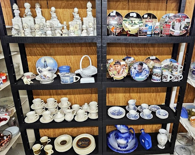 Precious Moments figurines meet decorative plates in this collector's paradise. That blue and white china pattern? Your grandmother definitely had it.