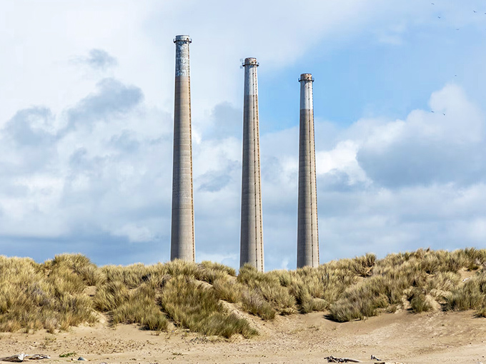 Three towering sentinels from another era, these smokestacks stand like industrial art installations against Morro Bay's natural canvas.