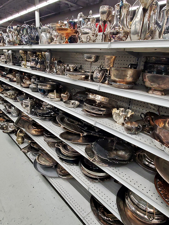 Silver treasures gleam under fluorescent lights&mdash;wedding gifts from decades past now ready for new celebrations in homes that appreciate vintage charm. 