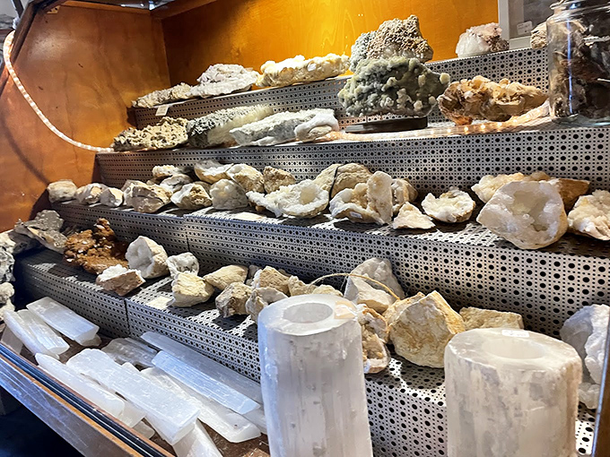 Nature's geometry shines in this impressive mineral and crystal display, where earth's treasures are arranged like a geological candy store.