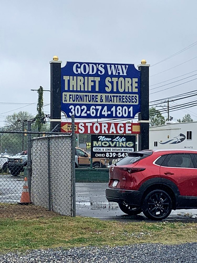 The roadside sign proudly announces not just a thrift store, but a furniture destination&mdash;a beacon for budget-conscious decorators.