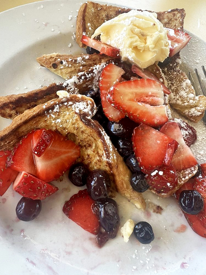 French toast that's having an identity crisis as a dessert&mdash;and we're not complaining. Those berries are just pretending it's healthy.
