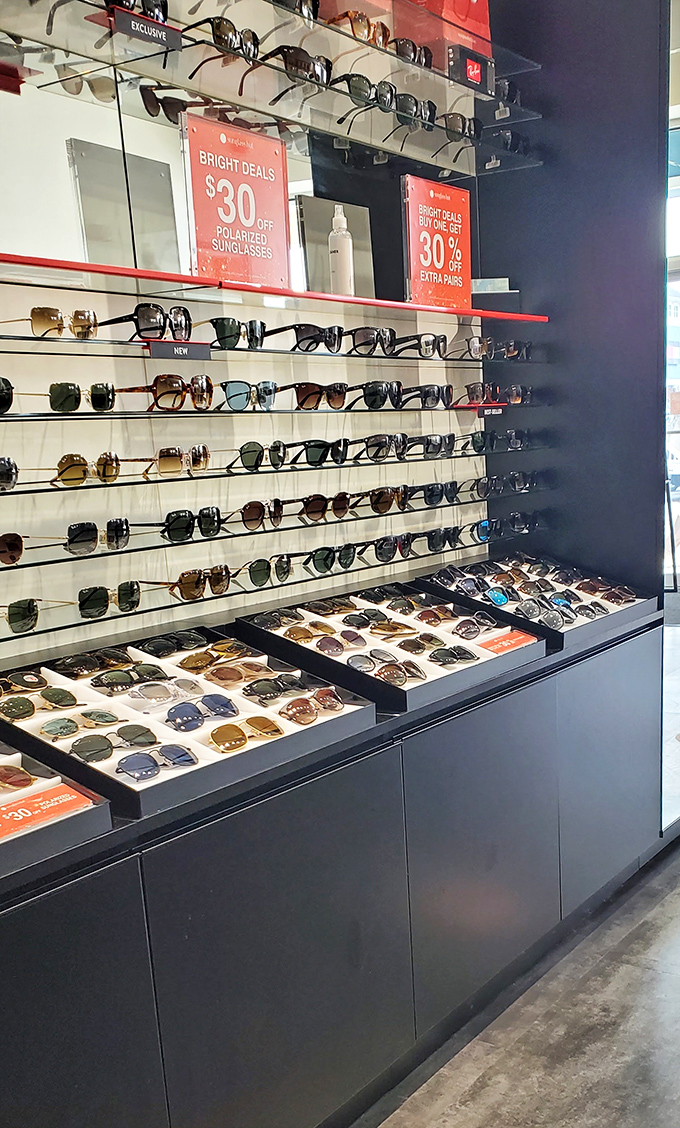 Sunglasses galore! Like a museum of eye protection where every pair promises to make you look like a celebrity dodging paparazzi at the beach.