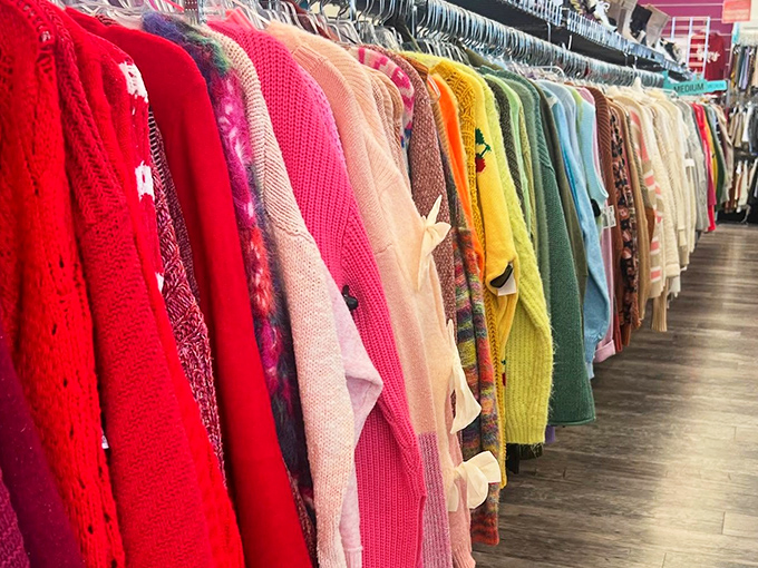 A rainbow of knitwear that would make Mr. Rogers jealous. From cozy cardigans to statement sweaters, this color-coded collection is organized better than most people's closets.
