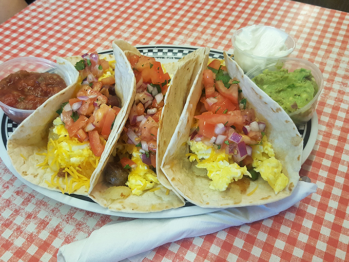 Breakfast tacos bursting with scrambled eggs and fresh pico de gallo&mdash;proof that diners can venture beyond the classics.