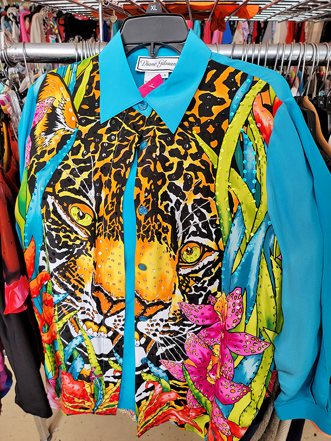 The "I'm not afraid of attention" blouse that screams "Miami retirement" and "eccentric art teacher" simultaneously. Joe Exotic would approve.