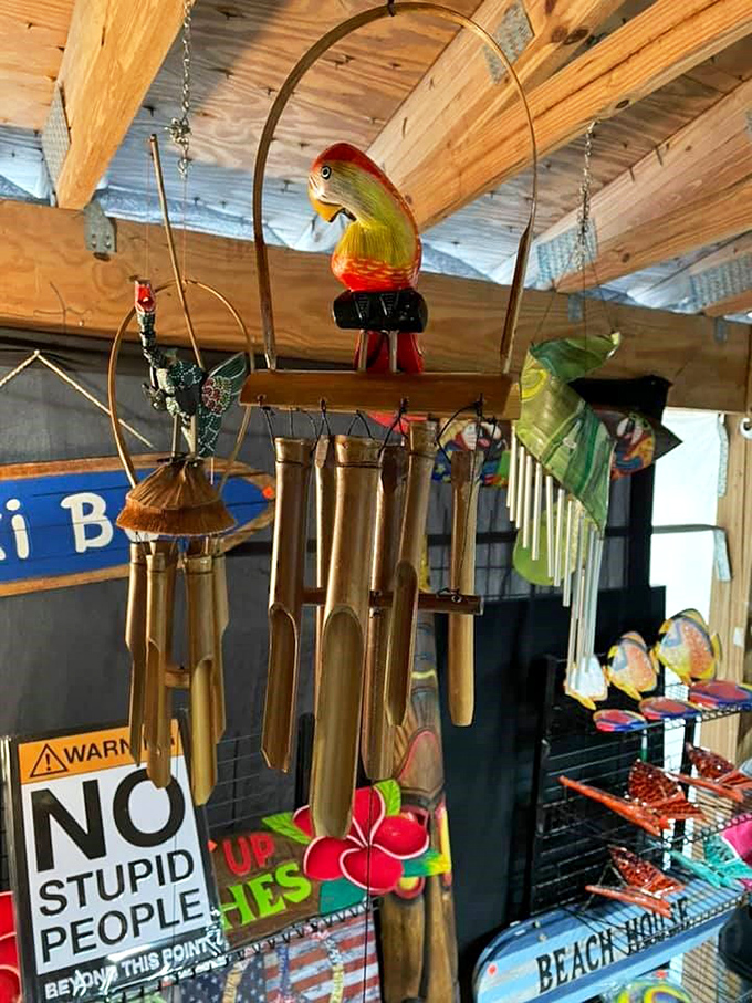 Wind chimes featuring tropical birds that would make Jimmy Buffett feel right at home in your lanai.