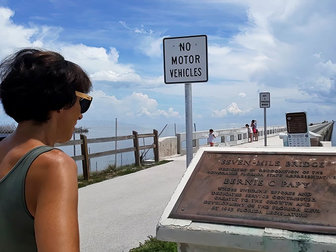 History lessons with a view. The old Seven Mile Bridge plaque offers context, but let's be honest&mdash;you're here for that spectacular backdrop.