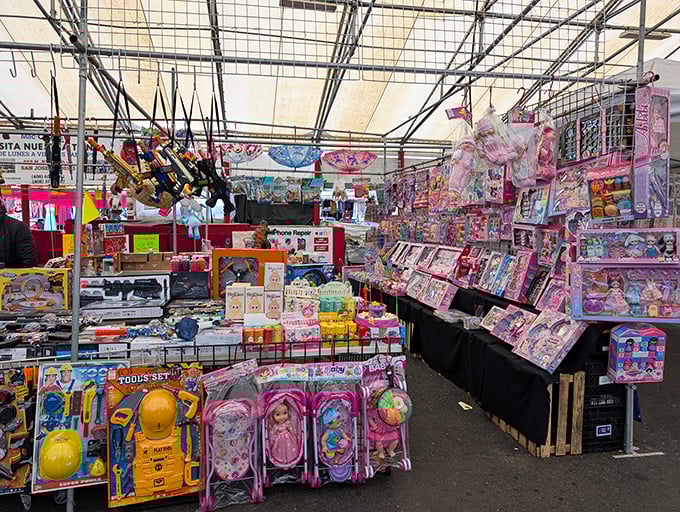 Toy heaven exists, and it's hiding under this tent. From dolls to construction sets, this stall is where childhood dreams and parental budgets negotiate terms.