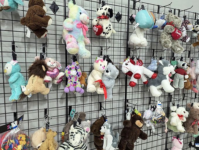 A plush menagerie hangs in hopeful suspension, each stuffed animal silently promising to be the perfect cuddle companion for its next owner.