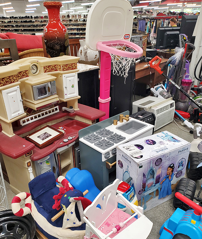 Childhood dreams at discount prices&mdash;where else can you find a play kitchen, basketball hoop, and nautical-themed decor all in one chaotic, wonderful aisle? 
