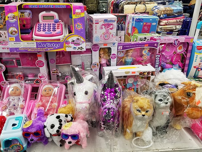 Childhood dreams packaged in plastic. From sequined unicorn pillows to toy cash registers, this booth is where allowance money disappears faster than ice cream in July.