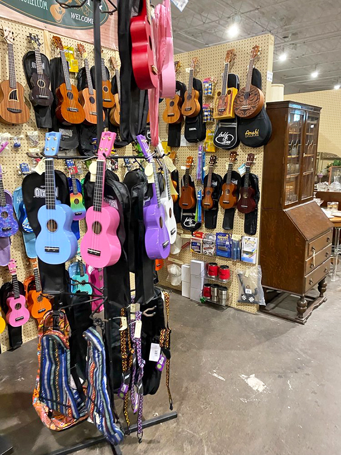 Ukuleles in every color of the rainbow. One strum and you're either instantly Hawaiian or instantly annoying your family.