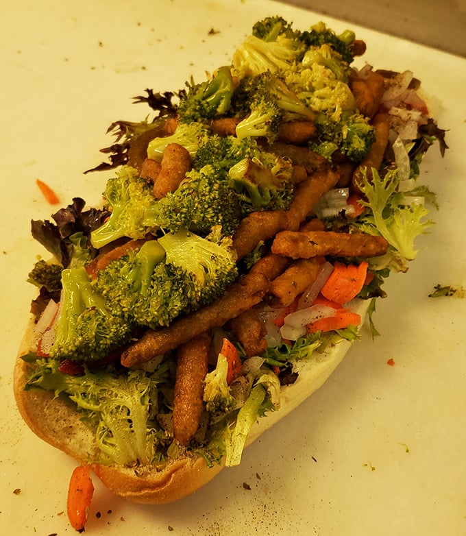 Vegetarians rejoice! This isn't some sad afterthought veggie option&mdash;it's a celebration of broccoli, carrots, and greens on a perfect roll.