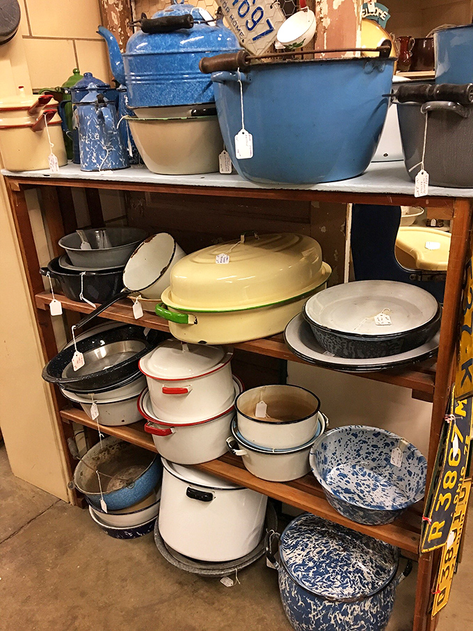 Grandma's kitchen comes alive in this display of enamelware. Each piece whispers recipes and family stories from decades past.