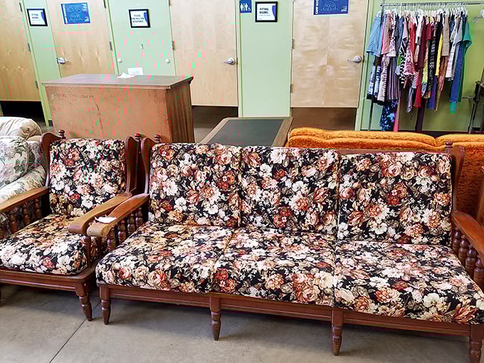 That floral sofa has seen some stories! Vintage furniture with personality that would cost a fortune in a trendy boutique.