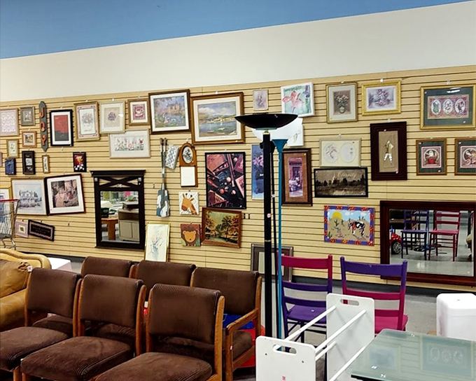 The wall of art resembles a museum curated by your eclectic aunt&mdash;desert landscapes, still lifes, and that one painting everyone comments on.