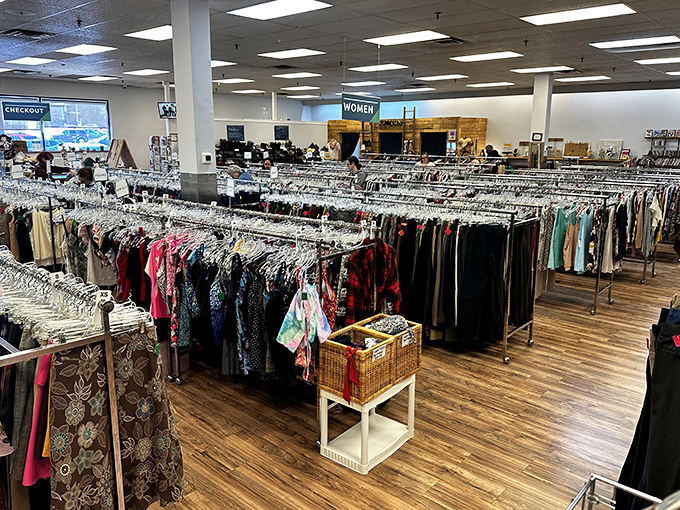 Women's clothing racks stretch toward the horizon like a fashionista's yellow brick road. Dorothy would've never wanted to leave this Oz.