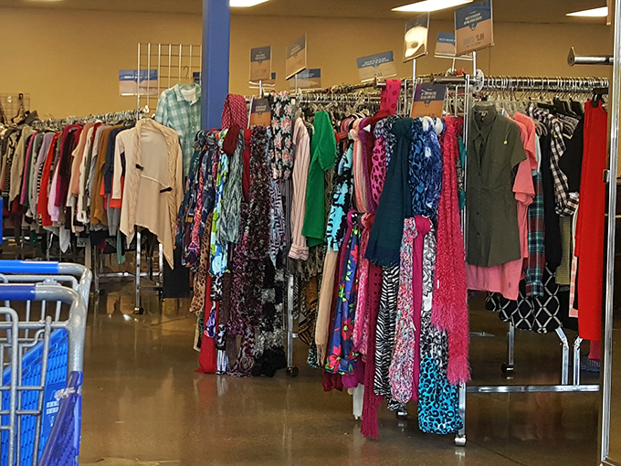 Racks of colorful women's clothing stand like soldiers in formation, ready to march into new wardrobes without declaring war on wallets.