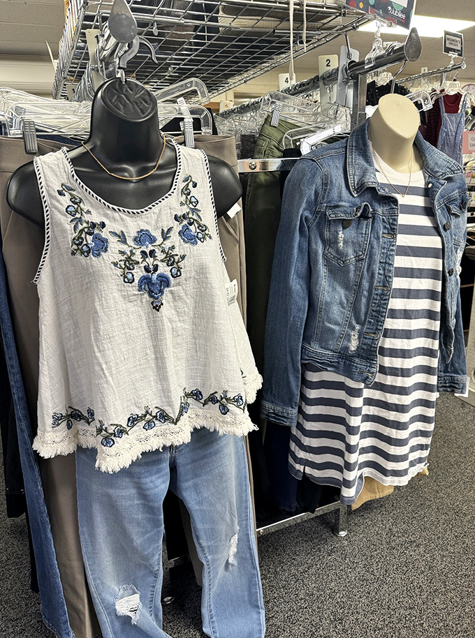 Fashion mannequins sporting outfits that could walk straight into 2023. That embroidered top would cost triple at the mall.