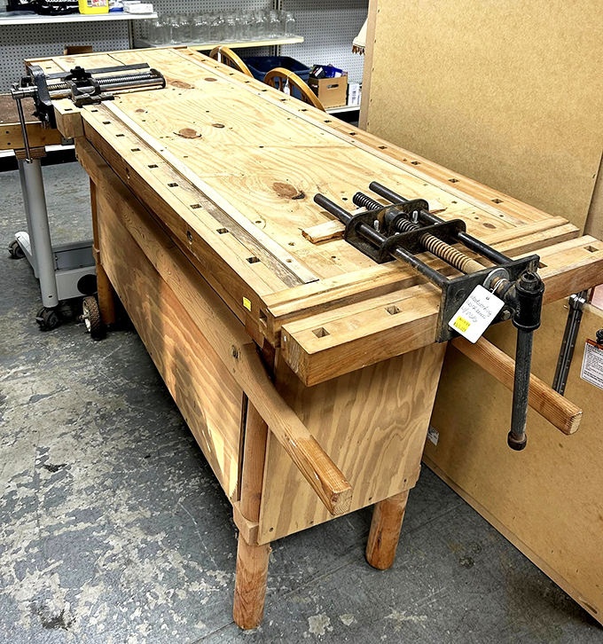 Not just any workbench—this is a craftsman's dream. Solid, sturdy, and ready for its next woodworking wizard to create magic. Tools not included, imagination required!