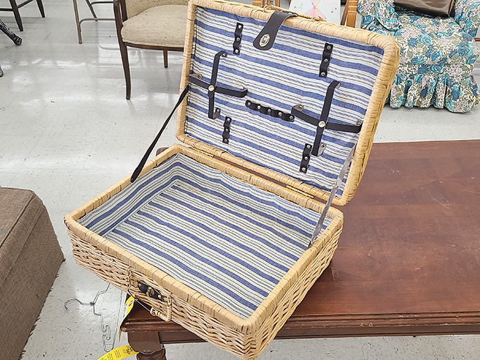 This striped wicker suitcase isn't just luggage – it's a portable picnic companion with character that no big-box store could ever replicate.