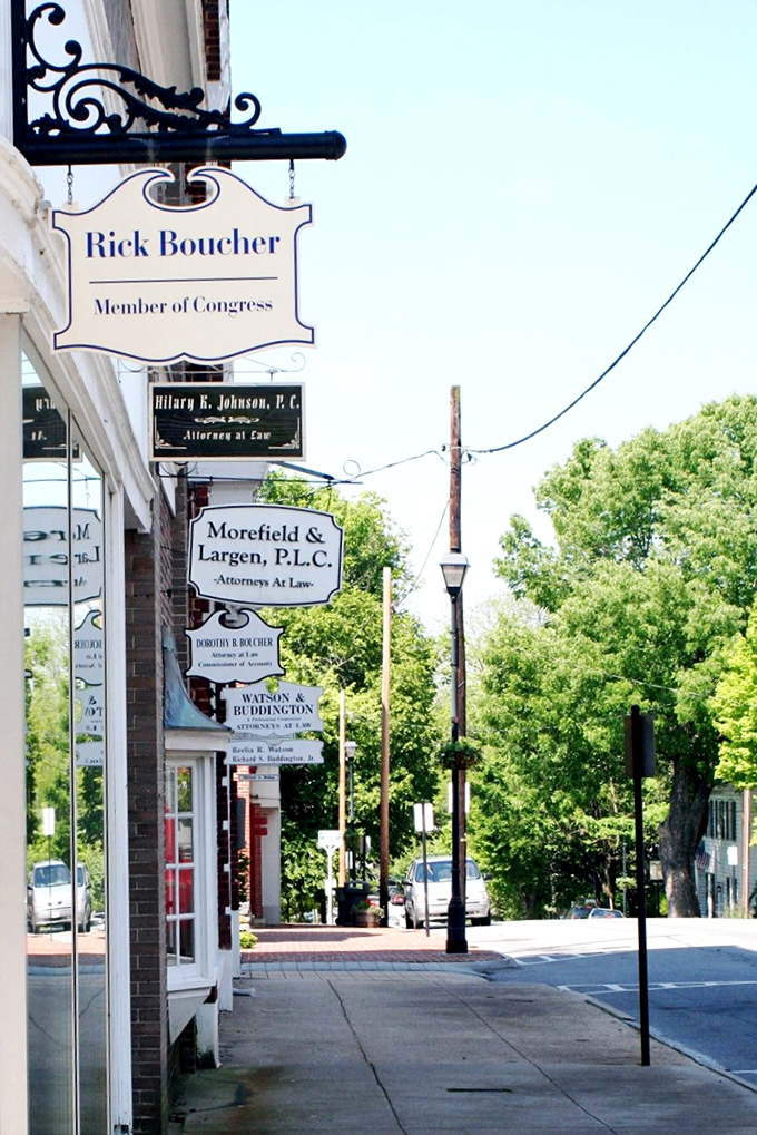 Professional signs hang like family portraits, marking generations of small-town businesses and neighborhood trust.