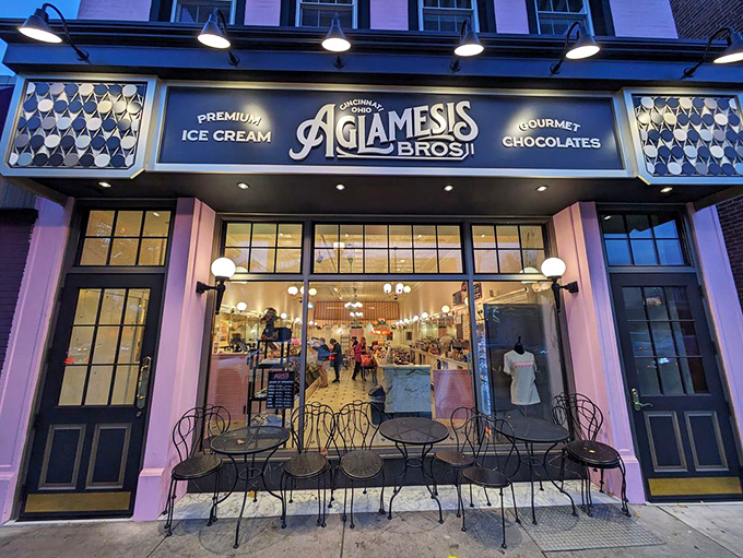 Aglamesis Bros' elegant storefront glows with old-world charm, promising artisanal ice cream that's worth the indulgence.