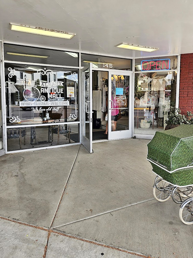 Classic mall entrance vibes meet serious antique hunting in this perfectly organized vintage paradise.