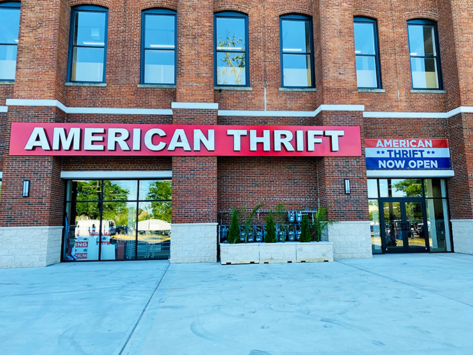 American Thrift's bold red signage against classic brick is like finding a perfectly preserved mid-century modern chair&mdash;striking, timeless, and irresistible.