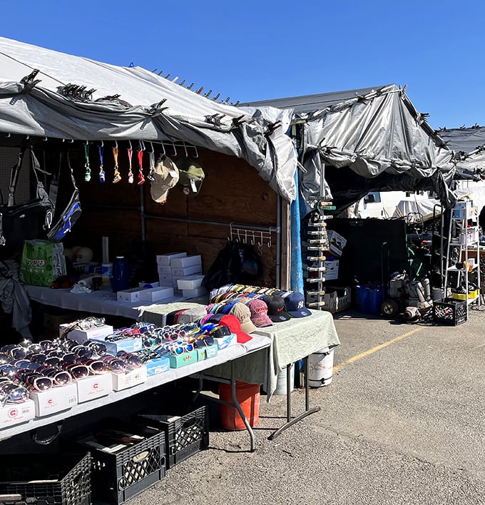 Sunglasses and treasures spread under makeshift tents - this is where weekend adventures begin in earnest.