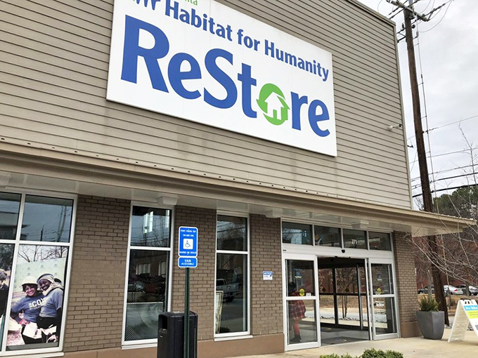 The ReStore building stands proud, ready to turn your renovation dreams into affordable reality through community-powered bargains and goodwill.