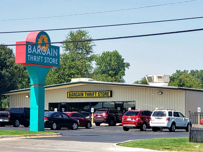 Bright turquoise sign and busy parking lot signal a local favorite where smart shoppers gather regularly.
