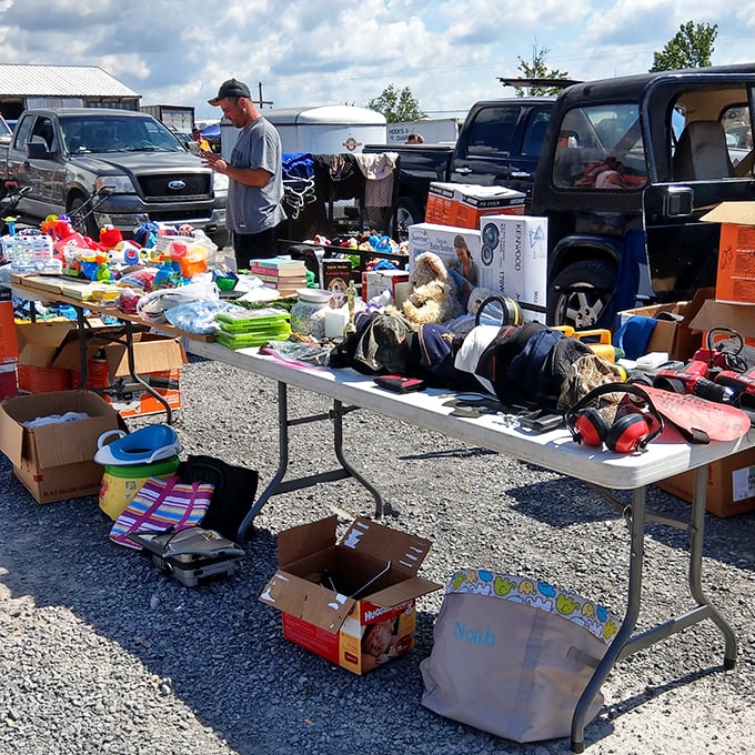 Tables overflow with life's simple pleasures while shoppers enjoy the peaceful rhythm of small-town commerce.