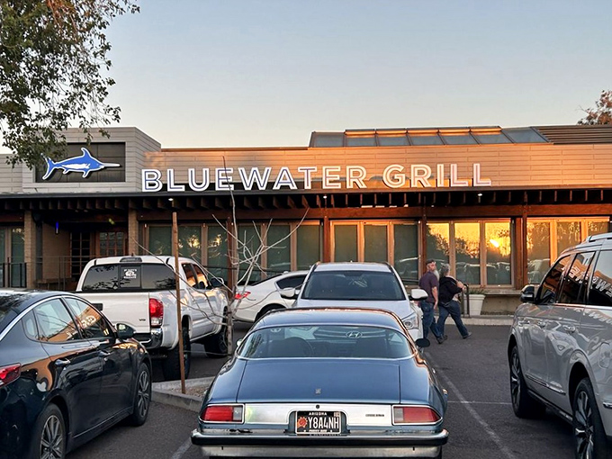 Bluewater Grill's modern facade and marlin logo hint at the ocean-fresh treasures awaiting inside.