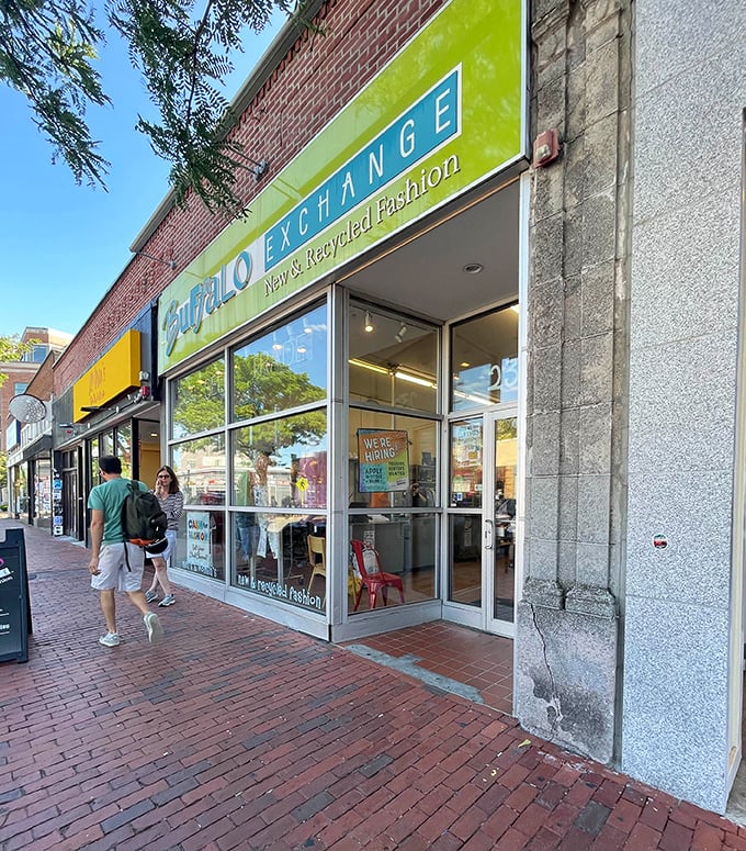 Buffalo Exchange's bright yellow awning signals you've arrived at Somerville's coolest spot for curated secondhand fashion finds.