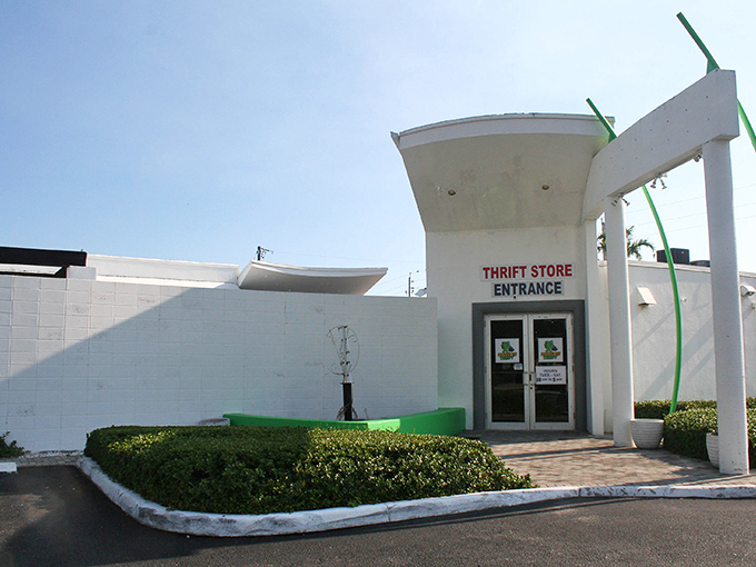 Clean lines and modern design make Charity Thrift's entrance inviting. This white building houses colorful bargains waiting to be discovered.