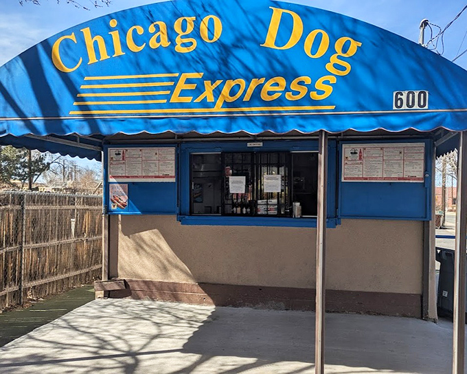 The bright blue canopy shelter says this stand understands that shade makes every Chicago-style hot dog taste even better somehow.