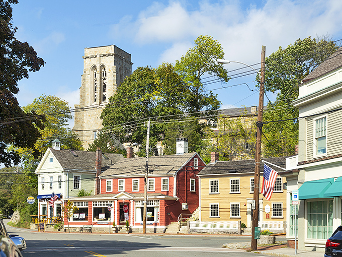 Cohasset's downtown glows with colorful houses, each one reflecting the town's vibrant charm.