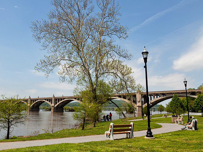 The Susquehanna River flows beneath this graceful bridge like liquid silver, connecting two states with timeless elegance.