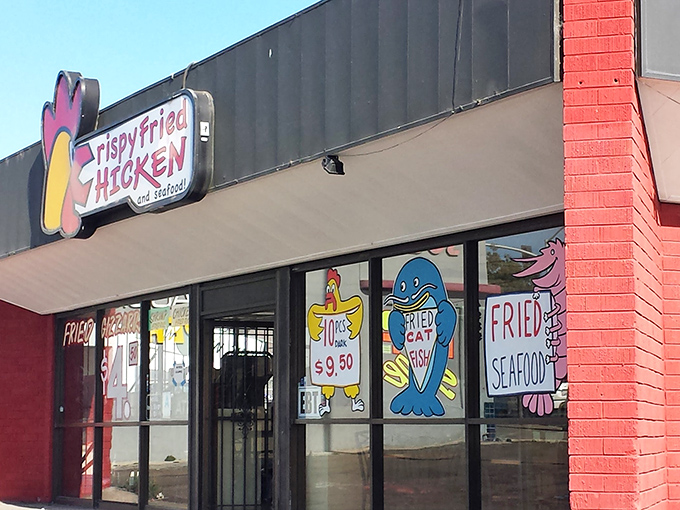 Crispy Fried Chicken's playful cartoon signage tells you exactly what you're in for &ndash; no fancy frills, just fantastic flavor.