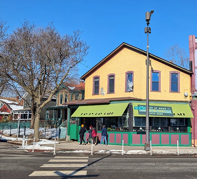 Historic buildings hold the best breakfast secrets, especially when they're painted this shade of character.
