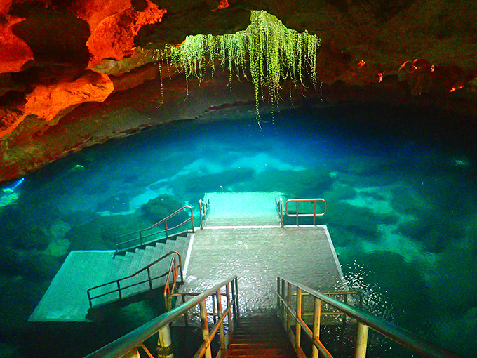 Nature's underground cathedral! Devil's Den's sunbeams pierce through the cave opening, creating ethereal light rays that dance on electric-blue waters.